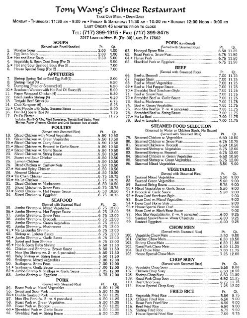 Downloadable Menu - Tony Wang's Chinese Restaurant