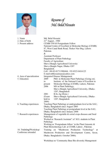 Resume of Md. Belal Hossain - Plant Pathology - Sher-e-Bangla ...