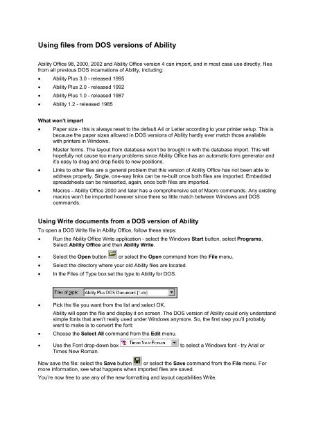 Using files from DOS versions of Ability - Ability Office