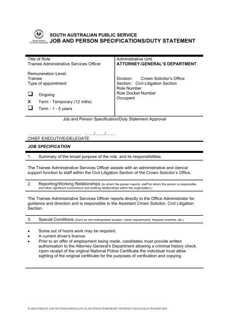 job and person specifications/duty statement - Vacancies.sa.gov.au