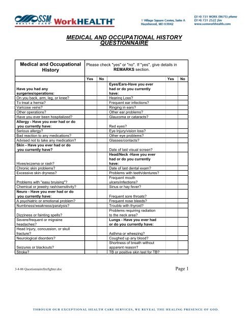 medical and occupational history questionnaire - SSM Health Care