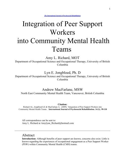Integration of Peer Support Workers into Community Mental Health ...