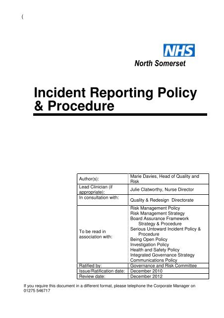 Incident Reporting Policy & Procedure - NHS North Somerset