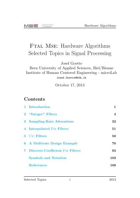 Hardware Algorithms Selected Topics in Signal Processing - microLab