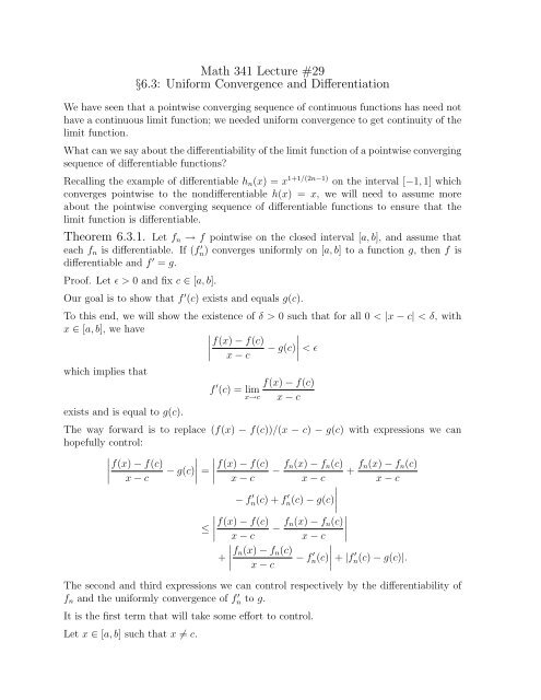 Math 341 Lecture #29 Â§6.3: Uniform Convergence and Differentiation