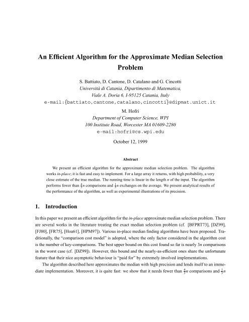 An Efficient Algorithm For The Approximate Median Selection Problem