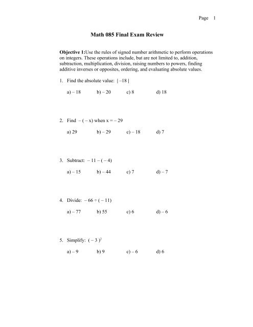 Math 085 Final Exam Review - Prairie State College