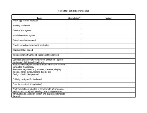 Exhibition Checklist - Folkestone Town Council