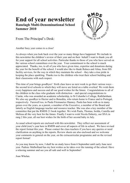 End of year newsletter - Ranelagh Multi-Denominational School