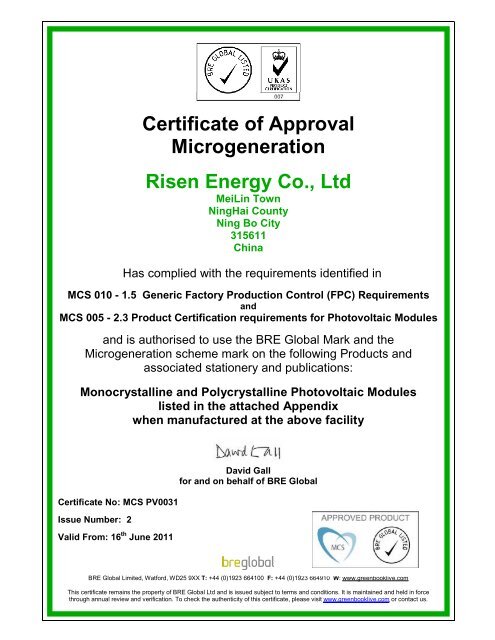 Risen MCS Certificate - All Eco Energy