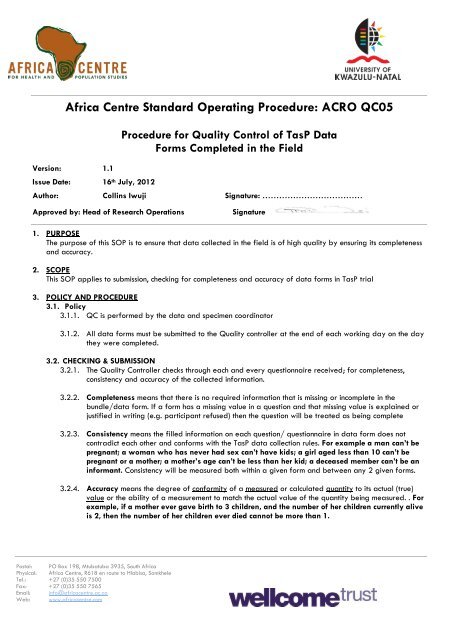 Procedure for Quality Control of TasP data Forms Completed in the ...