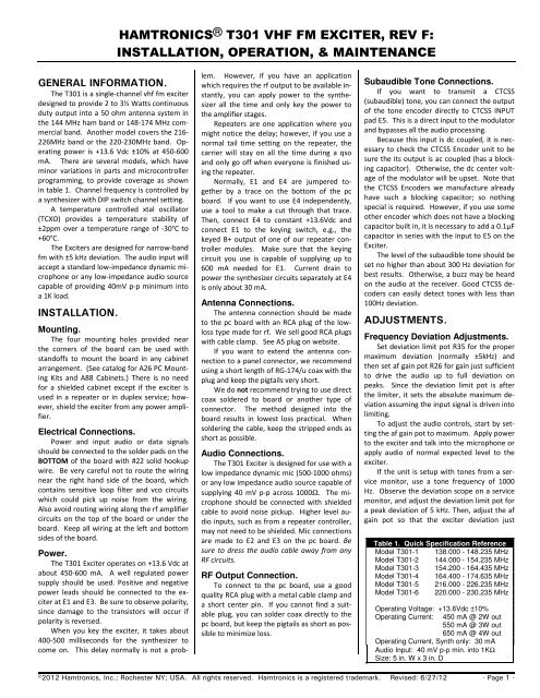 HAMTRONICSÂ® T301 VHF FM EXCITER, REV F ... - Hamtronics Inc.