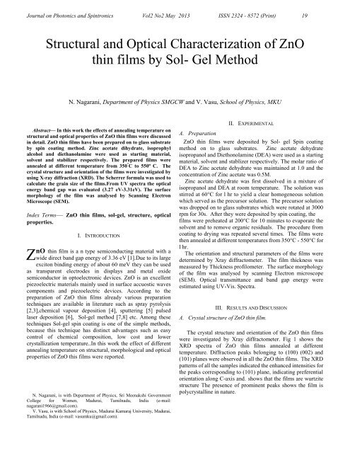 Structural and Optical Characterization of ZnO thin films by Sol- Gel ...