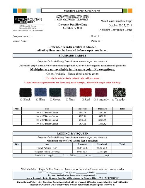 Carpet Order Form - West Coast Franchise Expo