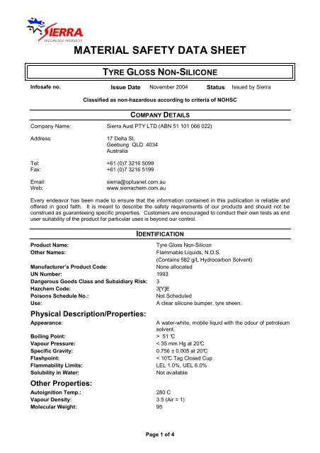 MSDS Tyre Gloss - Sierra (Aust)
