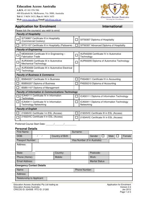 Education Access Australia Application for Enrolment International