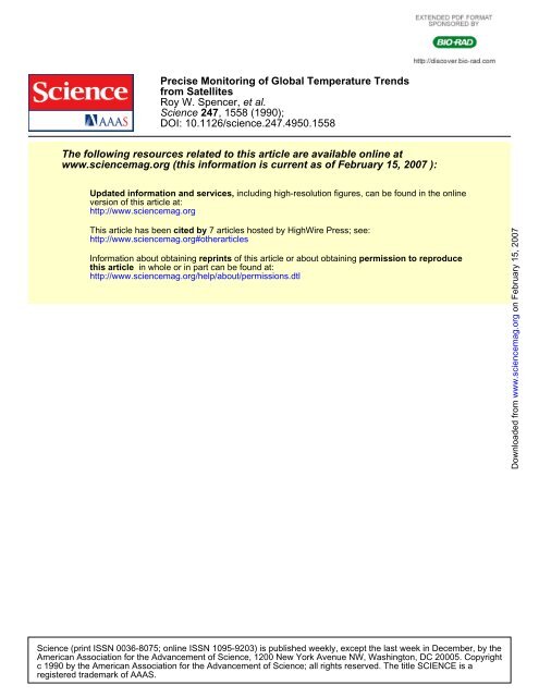 Precise Monitoring of Global Temperature Trends from Satellites