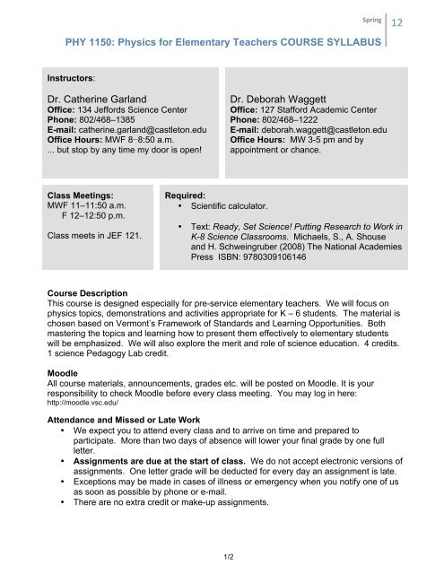 PHY 1150: Physics for Elementary Teachers COURSE SYLLABUS ...