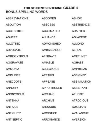 Spelling Bee Word List Year 4