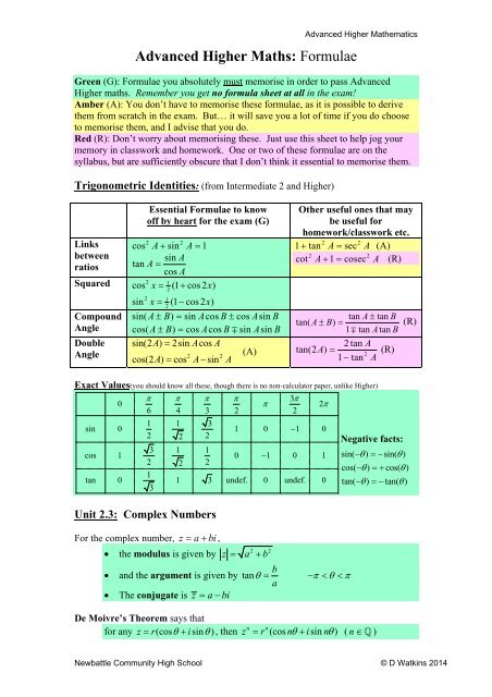 Advanced Higher Maths Formulae Newbattle Community High Advanced Higher Maths Formulae Newbattle Community High
