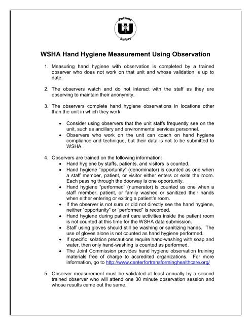 WSHA Hand Hygiene Measurement Using Observation
