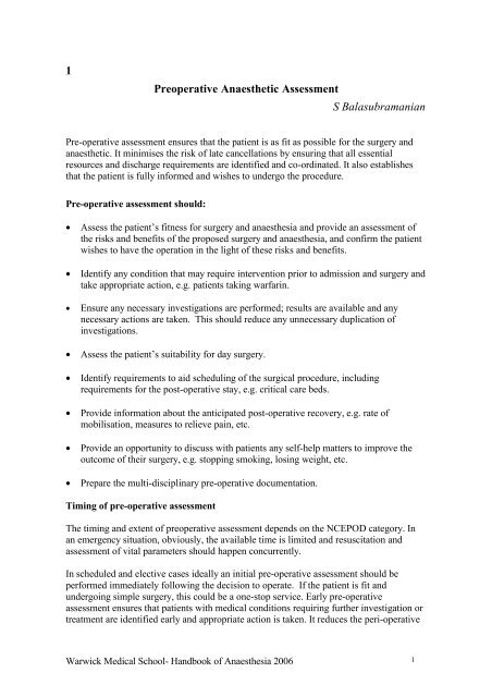 Preoperative Anaesthetic Assessment - MEDICAL EDUCATION at ...