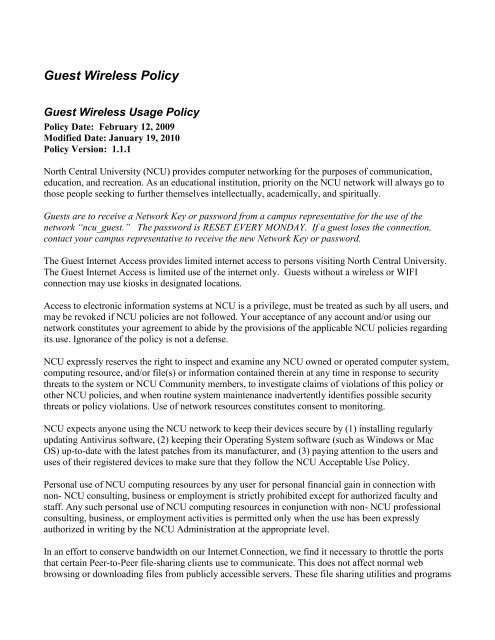 Guest Wireless Policy - North Central University