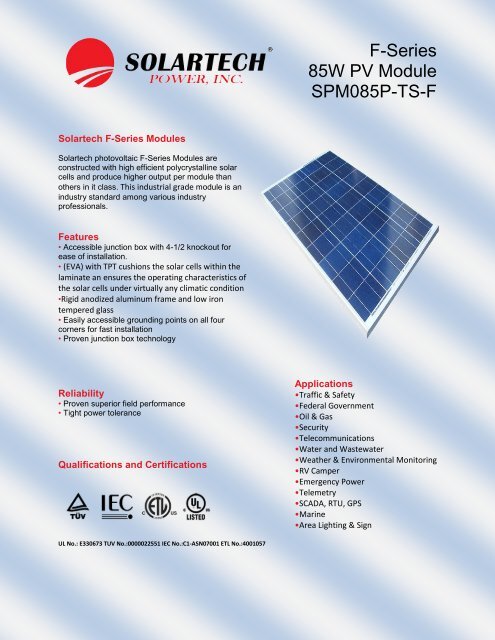 F-Series 85W PV Module SPM085P-TS-F - Solartech Power