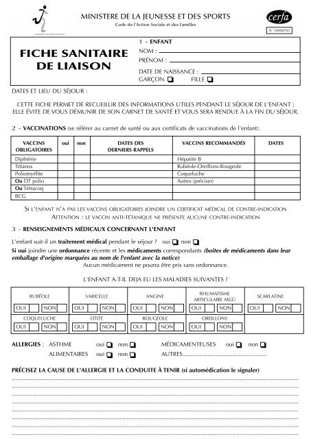 Fiche sanitaire de liaison - ActivitÃ©s sportives - Sainte Foy-LÃ¨s-Lyon