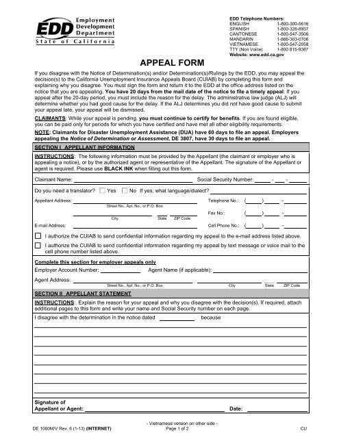 Appeal Form (DE 1000M/V)