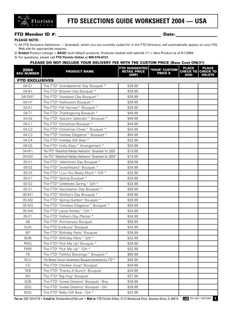 FTD SELECTIONS GUIDE WORKSHEET 2004 â USA