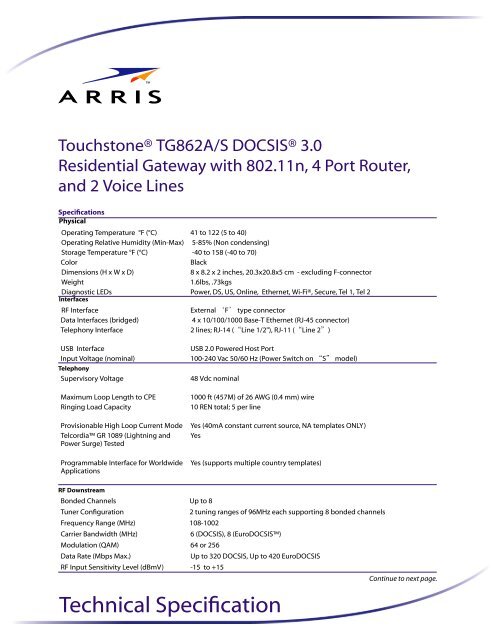 TouchstoneÂ® TG862AS DOCSISÂ® 3.0 Residential Gateway ... - Arris