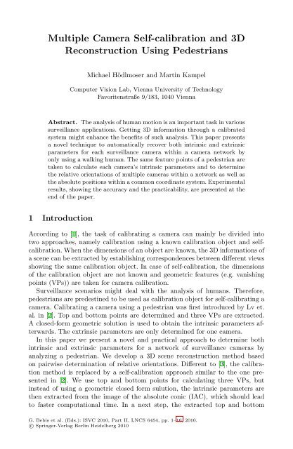 Multiple Camera Self Calibration And 3d Caa Tuwien Ac At