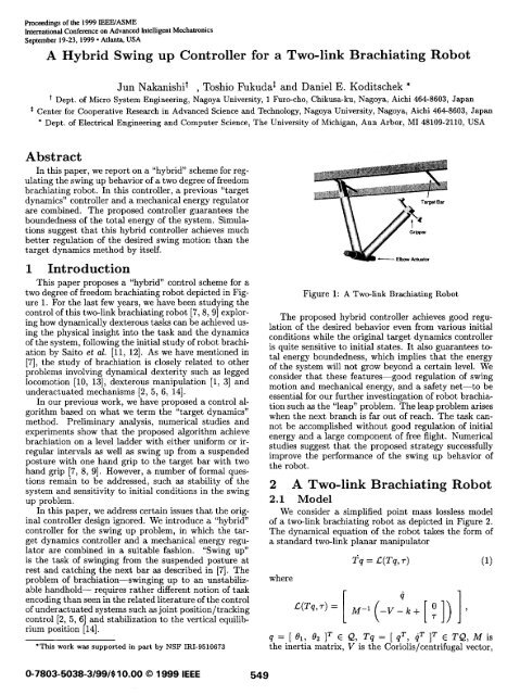 A Hybrid Swing up Controller for a Two-link Brachiating Robot