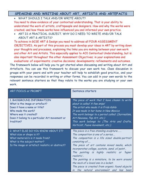 WRITING ABOUT ART, ARTISTS AND ARTEFACTS - WJEC
