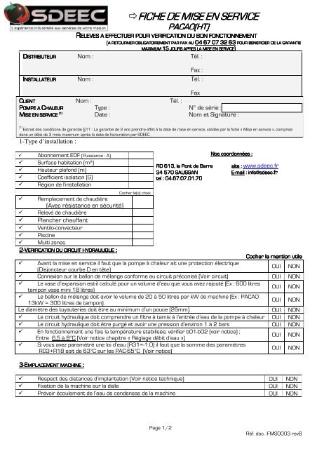 FICHE DE MISE EN SERVICE SERVICE - Sdeec FICHE DE MISE EN SERVICE SERVICE - Sdeec