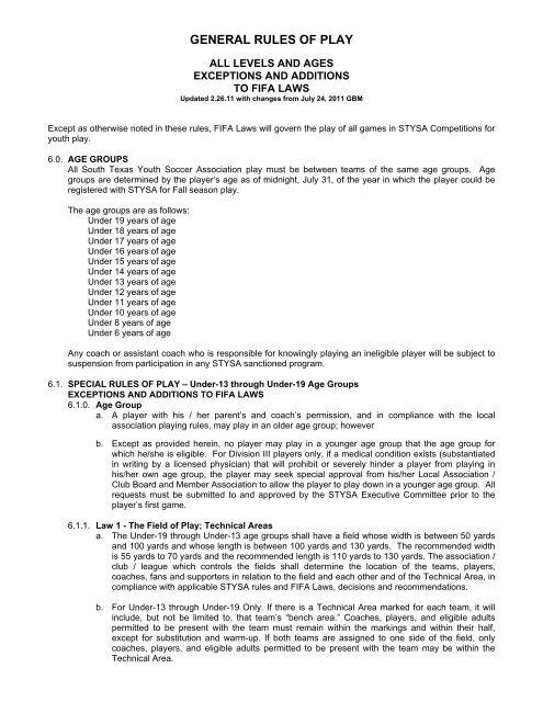 GENERAL RULES OF PLAY - South Texas Youth Soccer Association