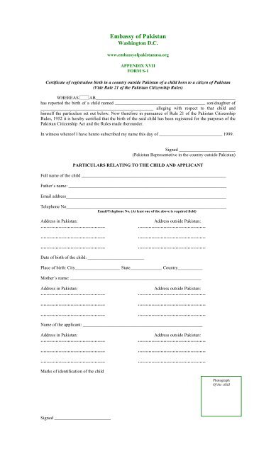 S-1 Registration form - Embassy of Pakistan