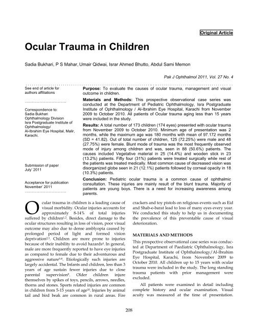 Ocular Trauma in Children - Pakistan Journal of Ophthalmology