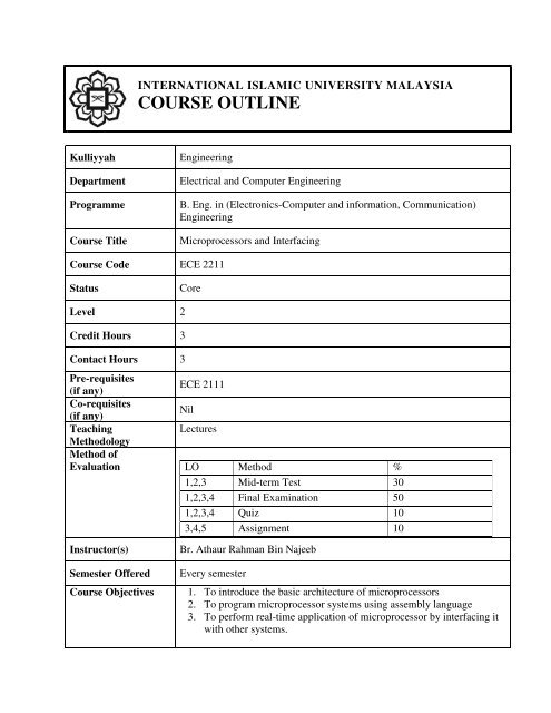 COURSE OUTLINE - Kulliyyah of Engineering - International Islamic ...