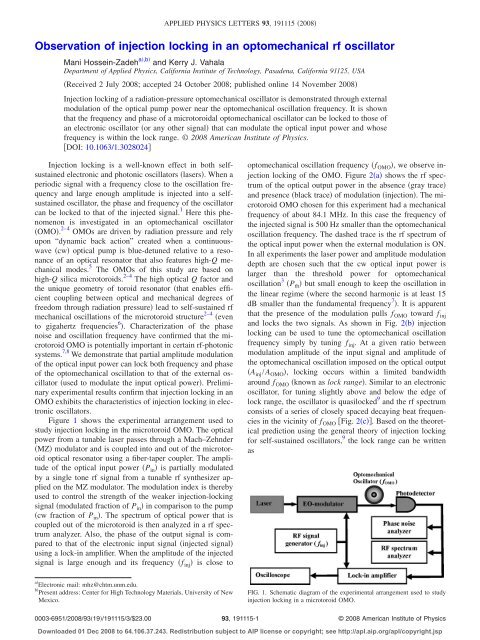 Observation of injection locking in an optomechanical rf oscillator