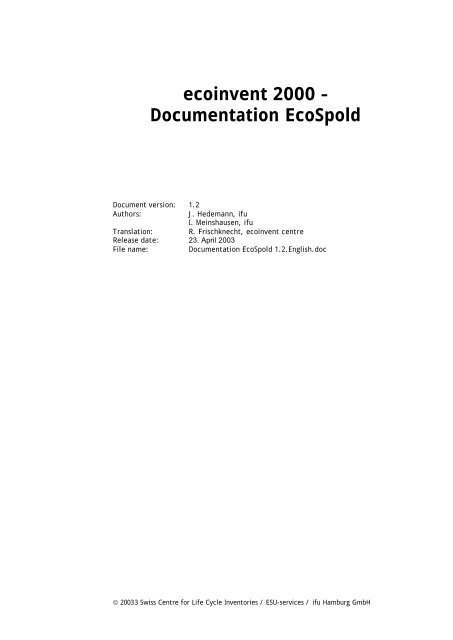 Documentation EcoSpold 1.2 - EcoInvent