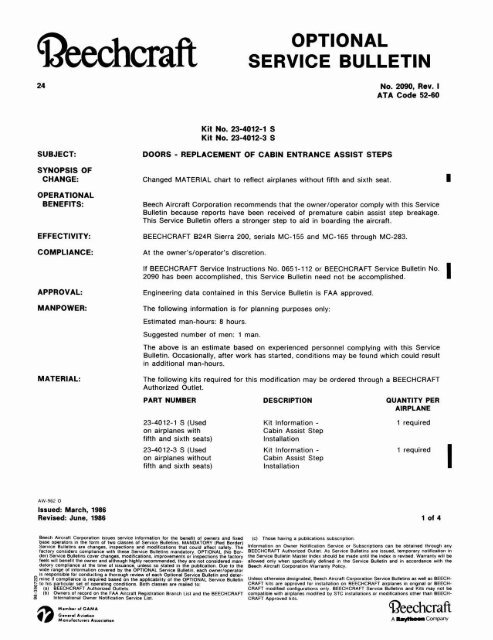 OPTIONAL SERVICE BULLETIN - Beech Aero Club