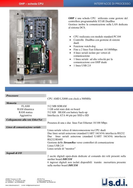 Datasheet schede CPU per DCS (pdf) - sdi automazione industriale