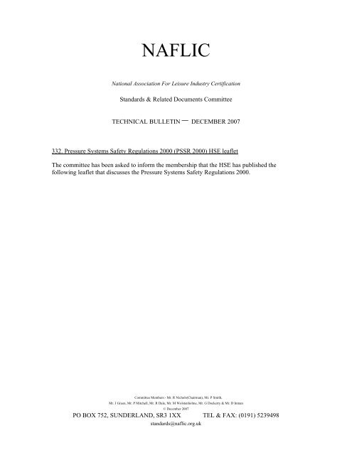 NAFLIC Pressure Systems safety Regulations 2000 PSSR HSE Leaflet