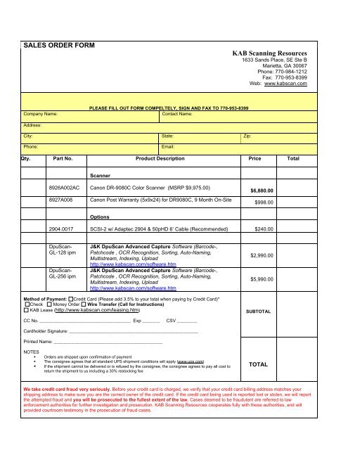 SALES ORDER FORM KAB Scanning Resources