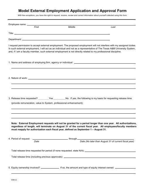 Model External Employment Application and Approval Form
