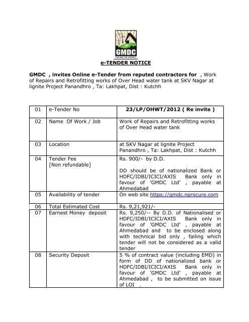 e-TENDER NOTICE GMDC , invites Online e-Tender from reputed ... e-TENDER NOTICE GMDC , invites Online e-Tender from reputed ...