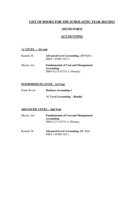 list of books for the scholastic year 2011/2012 sixth form accounting