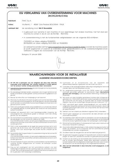 eg verklaring van overeenstemming voor machines ... - FAAC